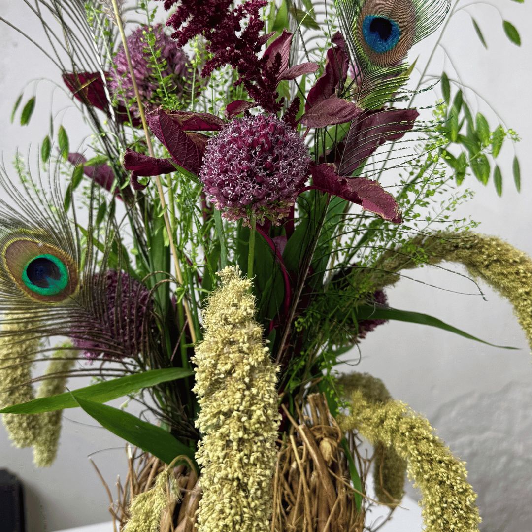 Corporate Arrangement – Grasses, Peacock Feathers & Alliums - Triangle ...